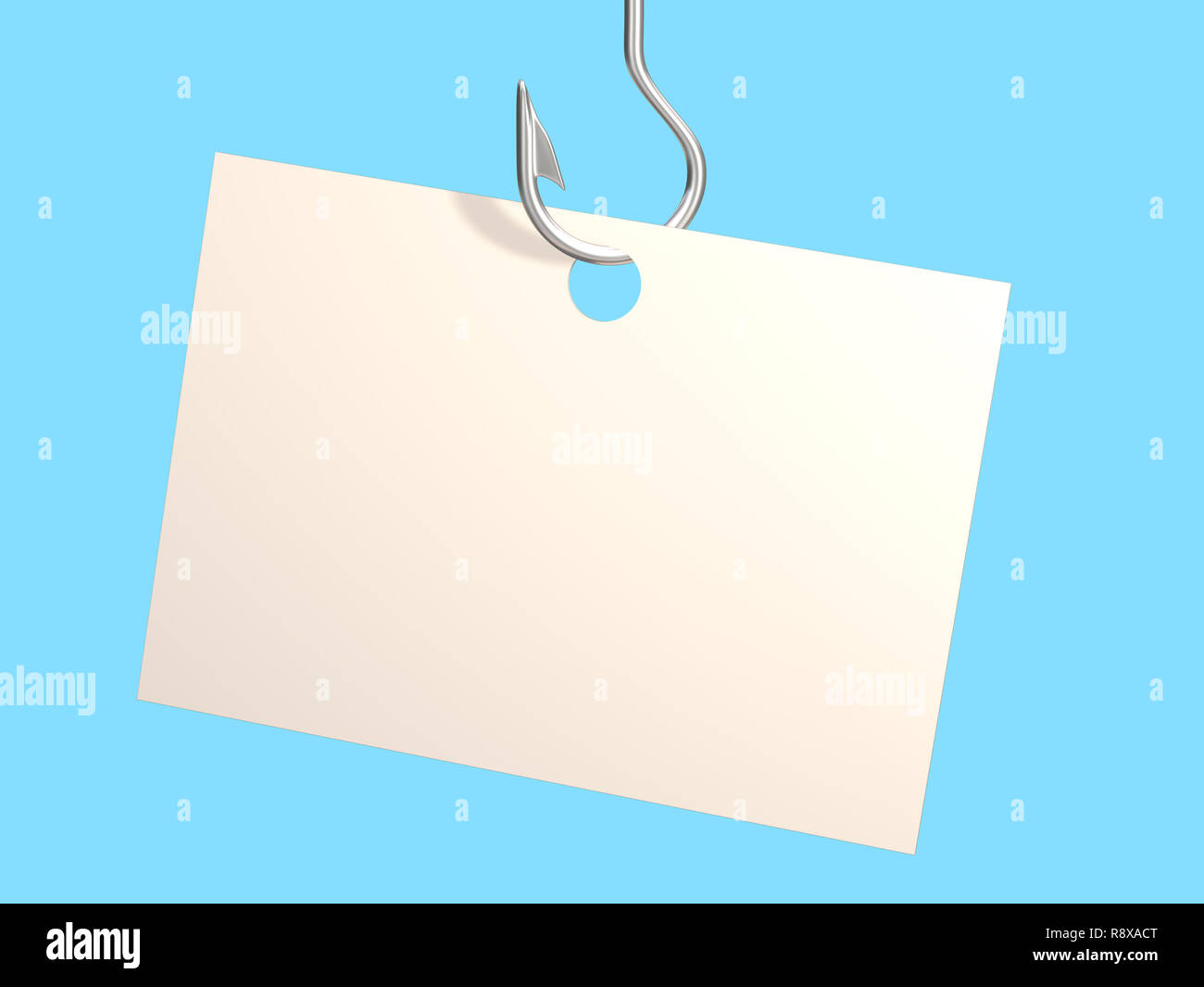 Empty sheet of a paper, hanging on a fishing hook. Objects over blue ...
