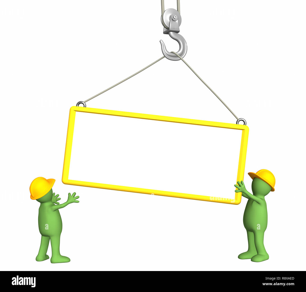 Builders - puppets, lowering a frame on a hook. Objects over white ...