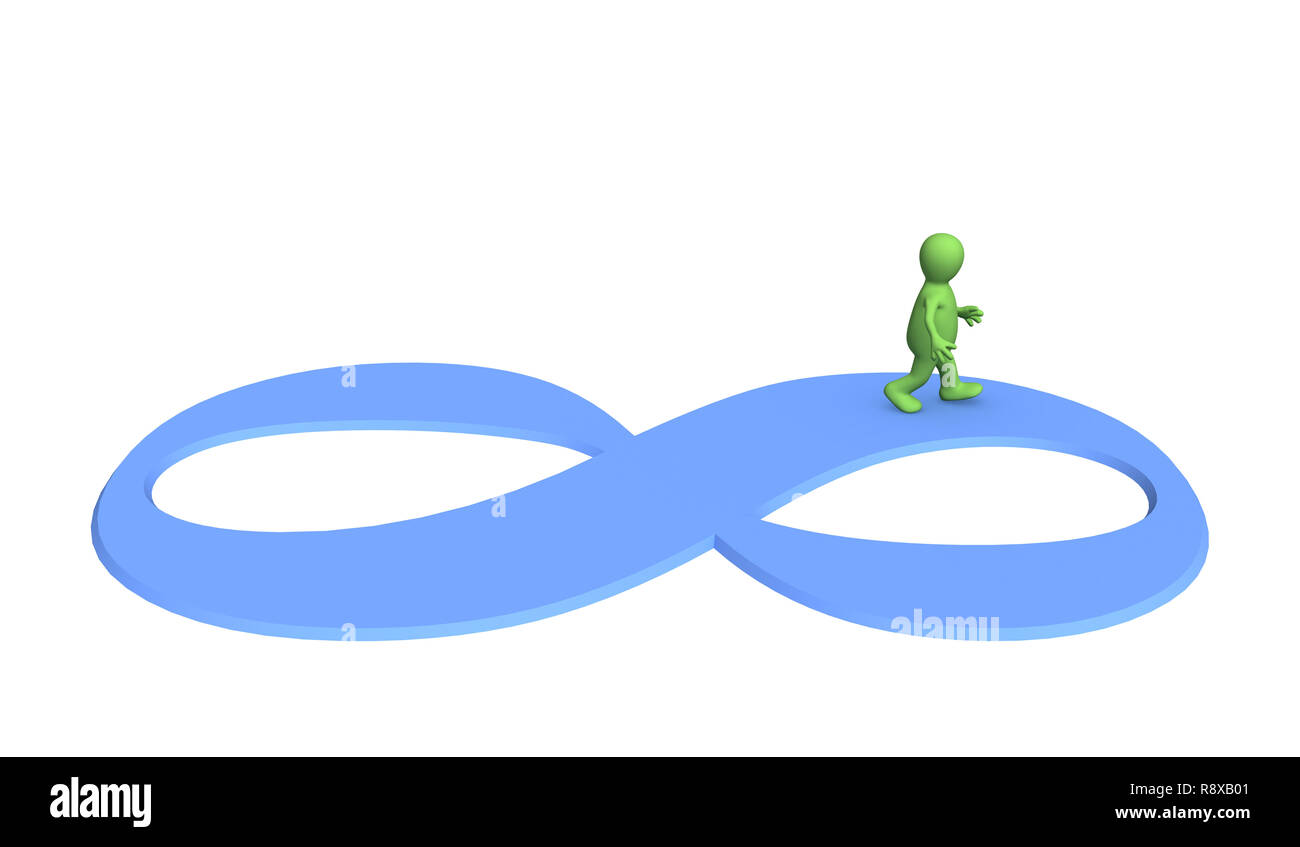 3d puppet, going on a sign infinity. Object over white Stock Photo - Alamy