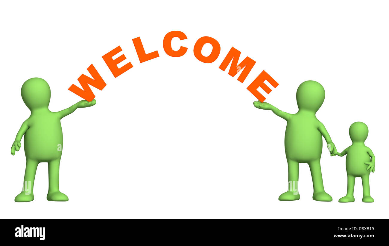 3d family with a word welcome. Object over white Stock Photo - Alamy