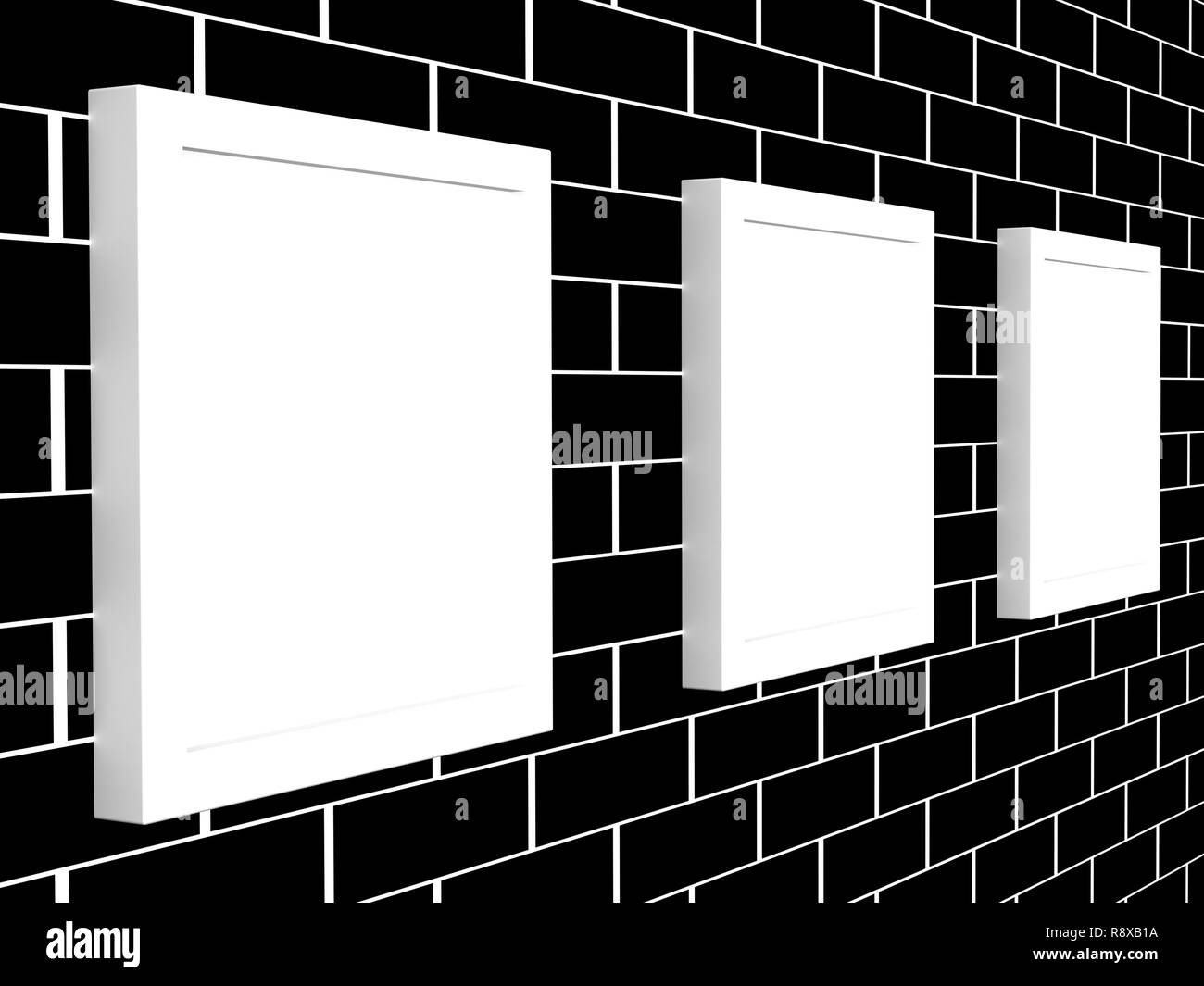 3d picture gallery on a black brick wall Stock Photo - Alamy