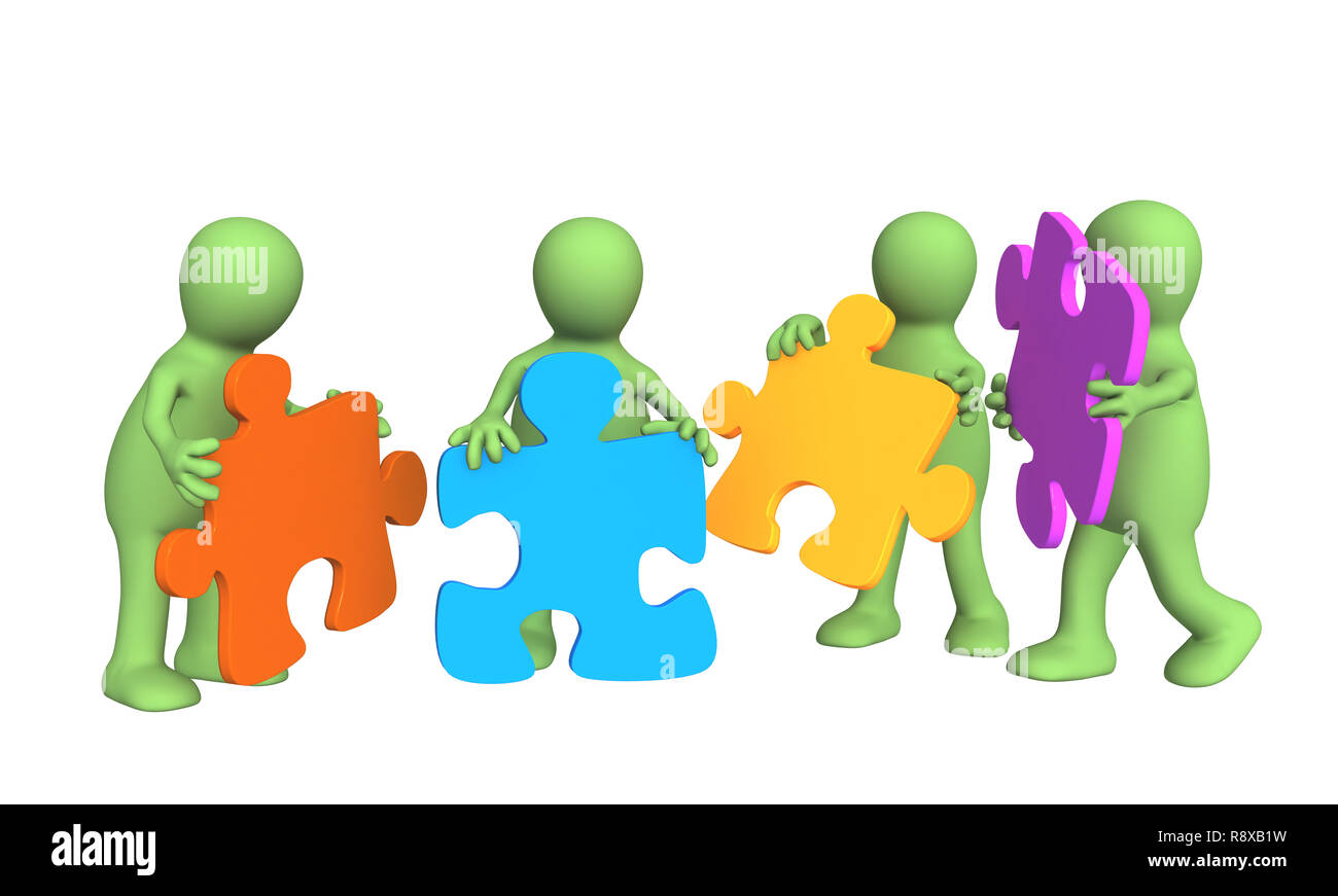 Four puppets, holding in hands a puzzle of multi colo Stock Photo - Alamy