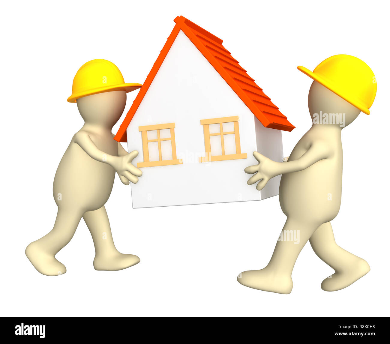 Two builders - puppets, holding in hands the stylized house Stock Photo ...