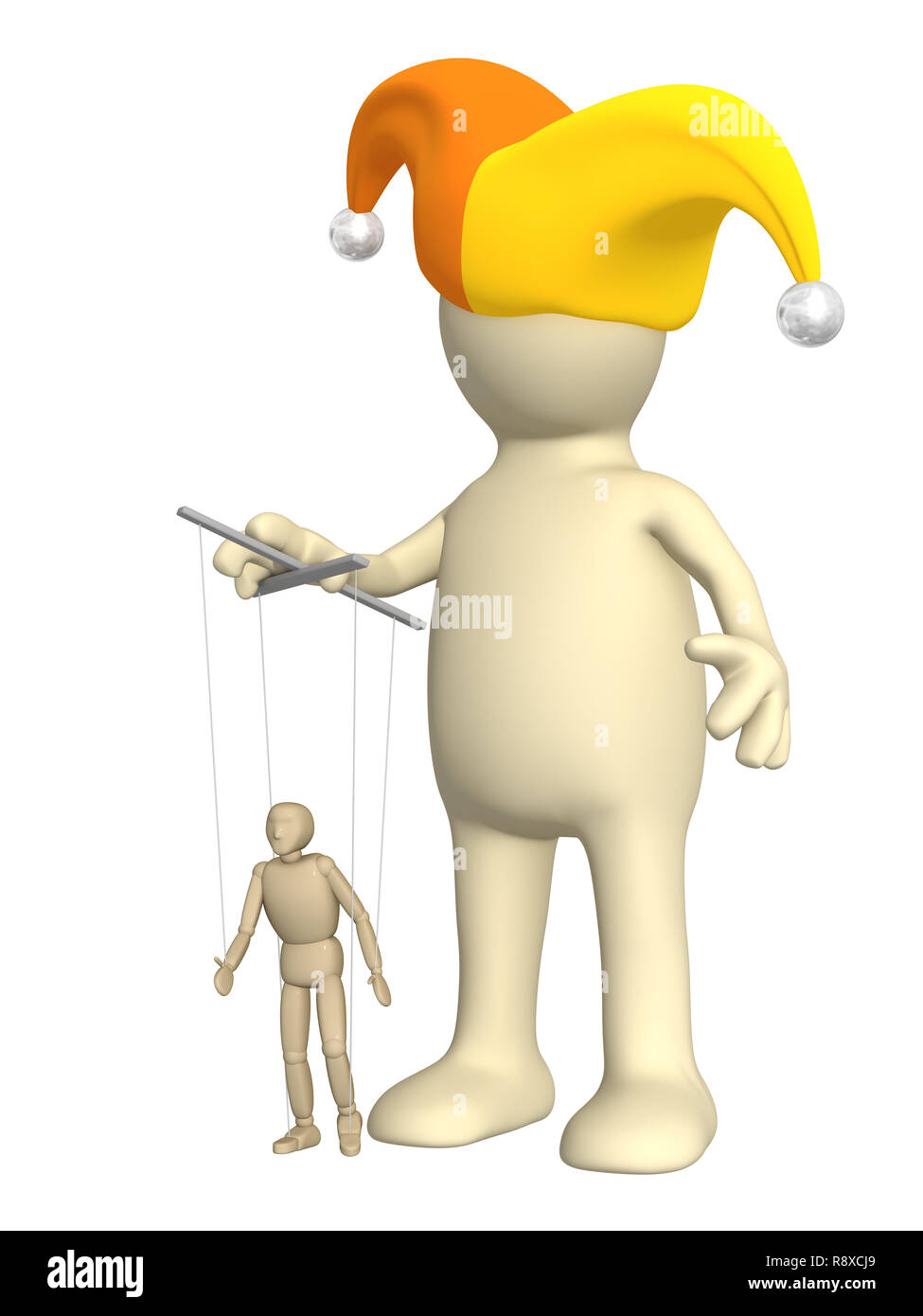 3d puppet-clown, managing a small doll - puppet. Objects over white ...