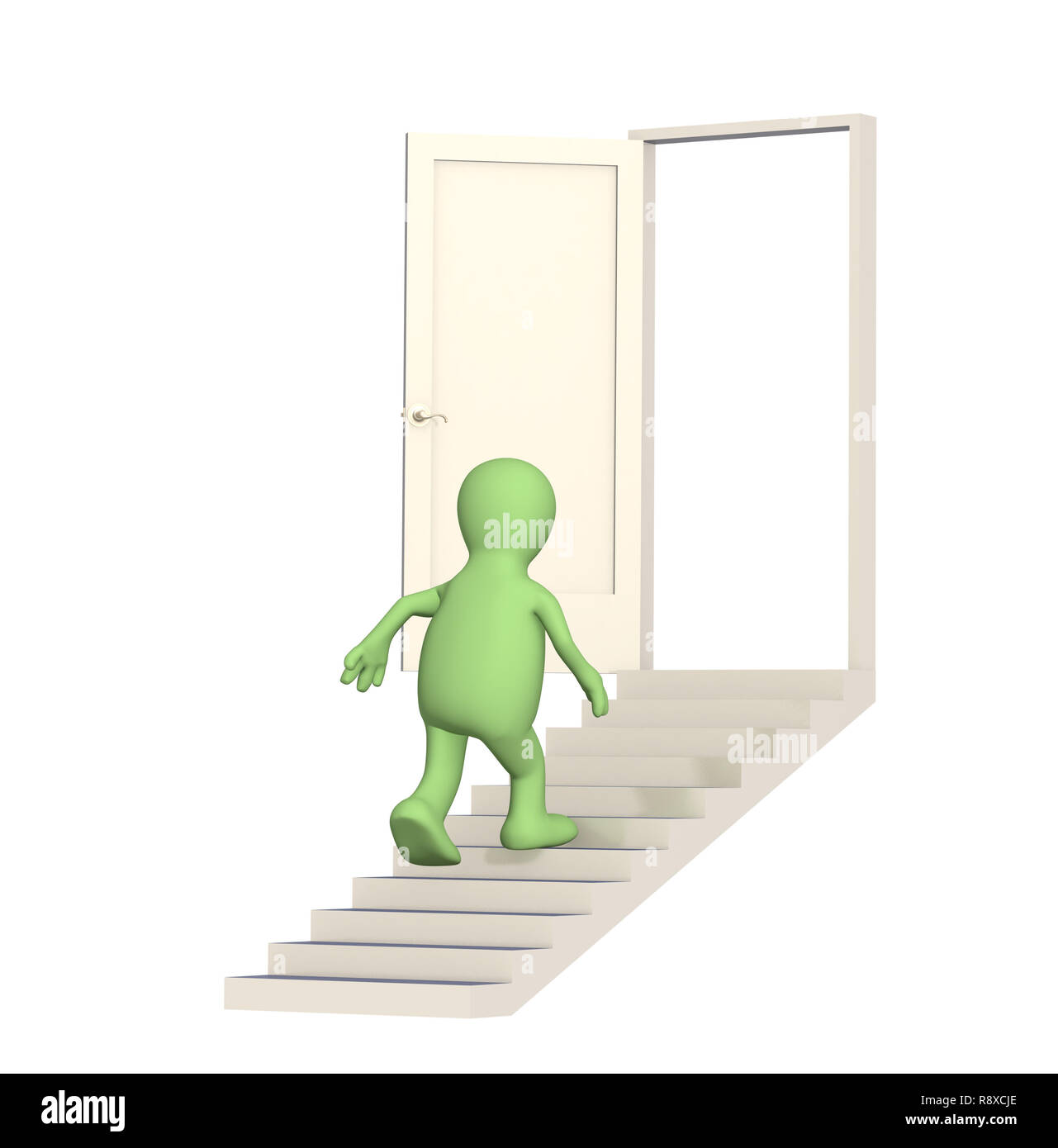 Puppet walking upstairs to an open door. Object over white Stock Photo ...