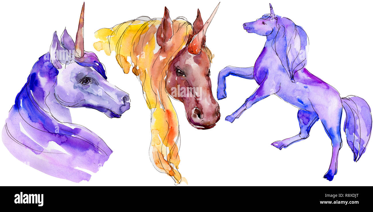 Cute unicorn horse. Watercolor background illustration set. Isolated ...