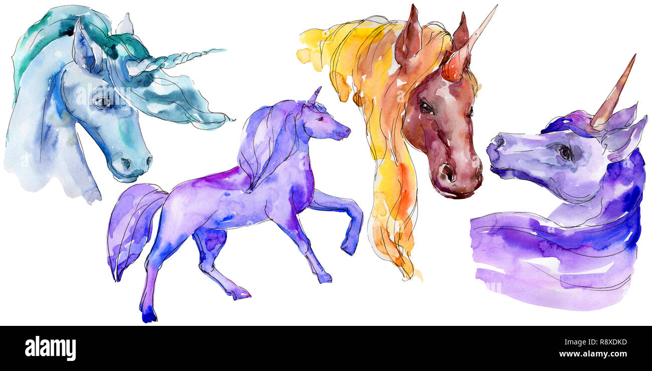 Cute unicorn horse. Watercolor background illustration set. Isolated ...