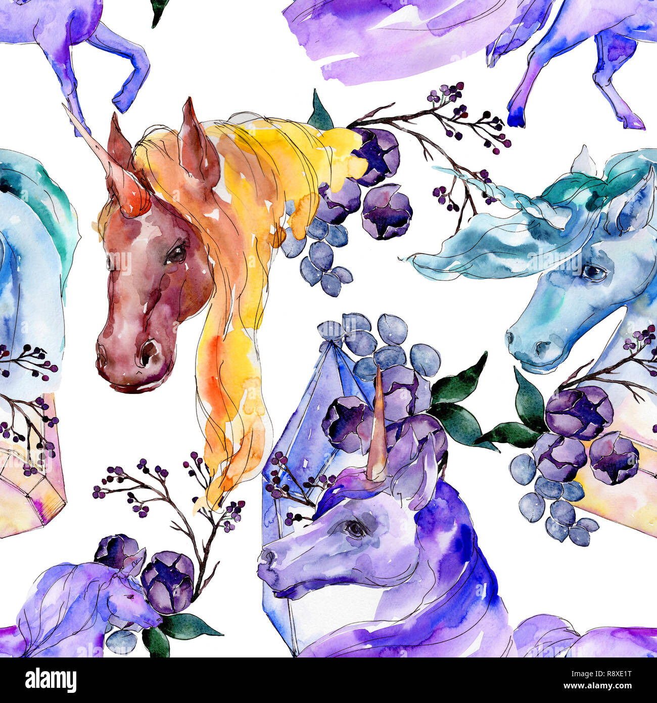 Cute unicorn horse. Fairytale children sweet dream. Watercolor ...