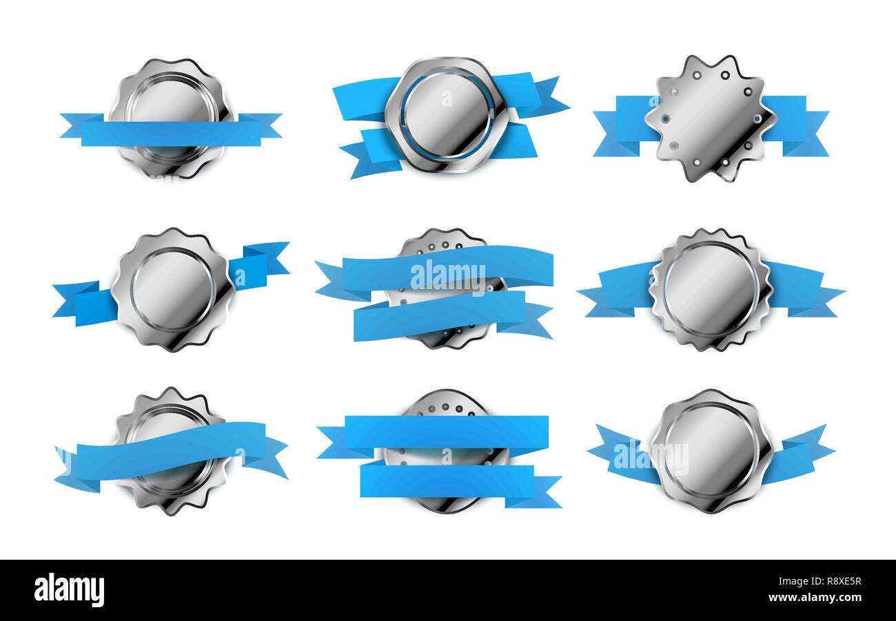 Large set of bright silver retro labels, badges with blue tapes ...