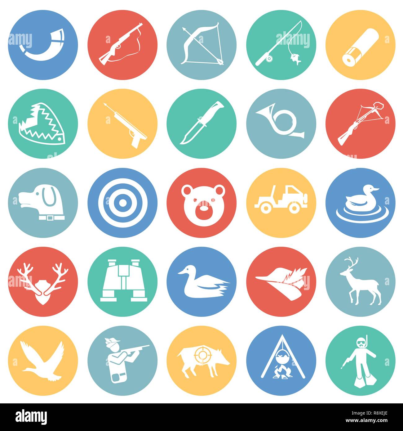 Hunting icon set on color circles background for graphic and web design ...
