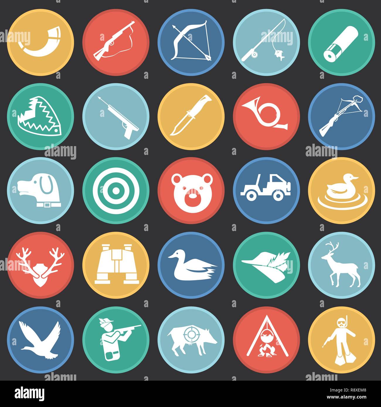 Hunting icon set on color circles black background for graphic and web ...