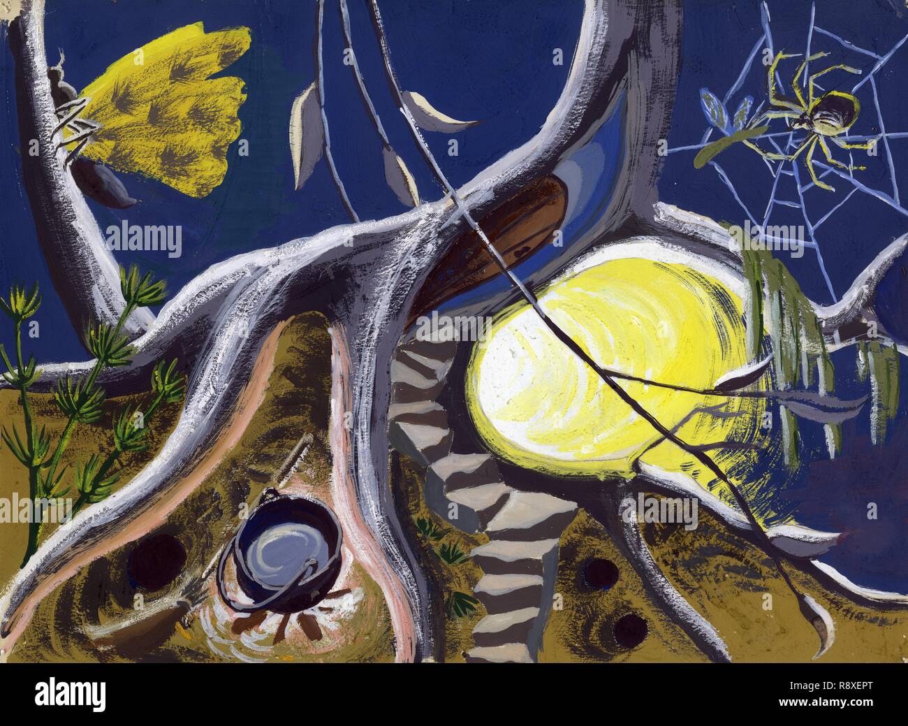 Witch's cauldron and spider web, c1950. Creator: Shirley Markham Stock ...