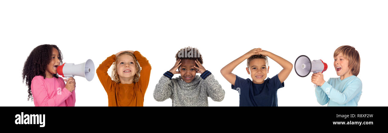Funny children shouting through a megaphone to his friends. Isolated on ...