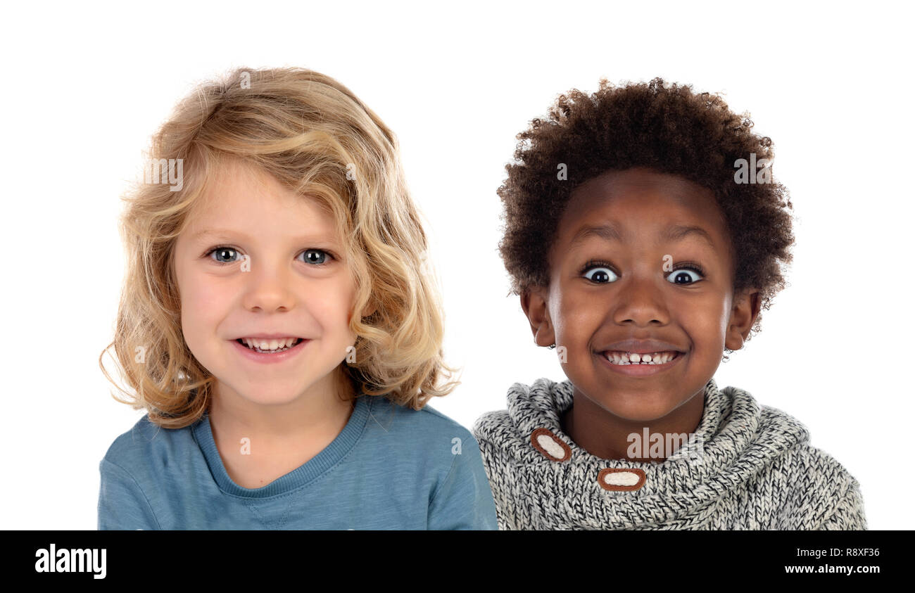 Two happy children looking up isolated on a white backround Stock Photo ...