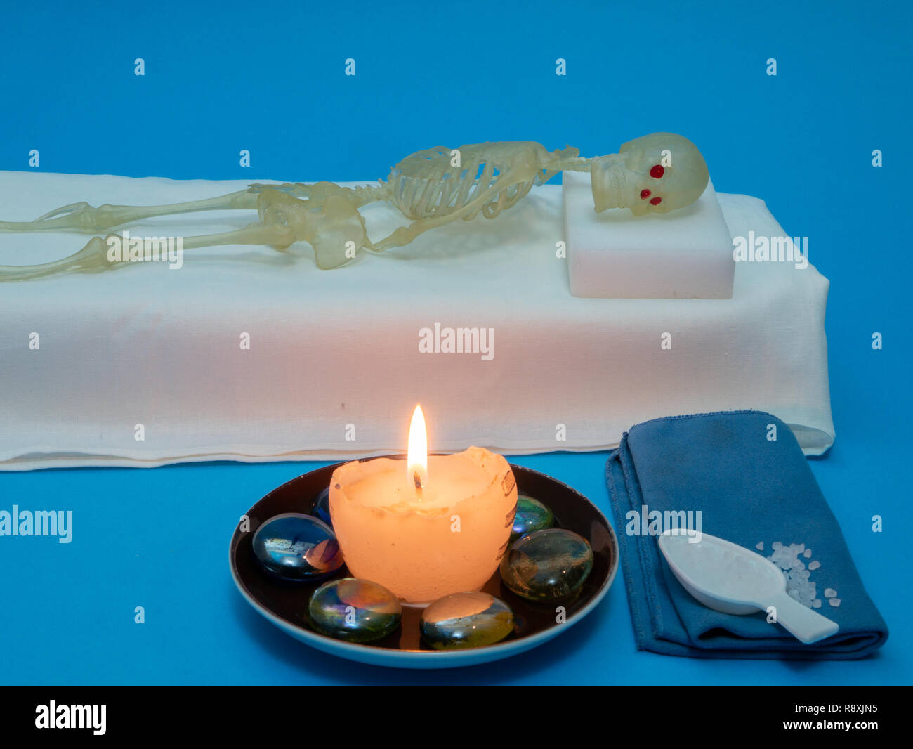 concept of body spa massage beauty salon. human skeleton on table ...