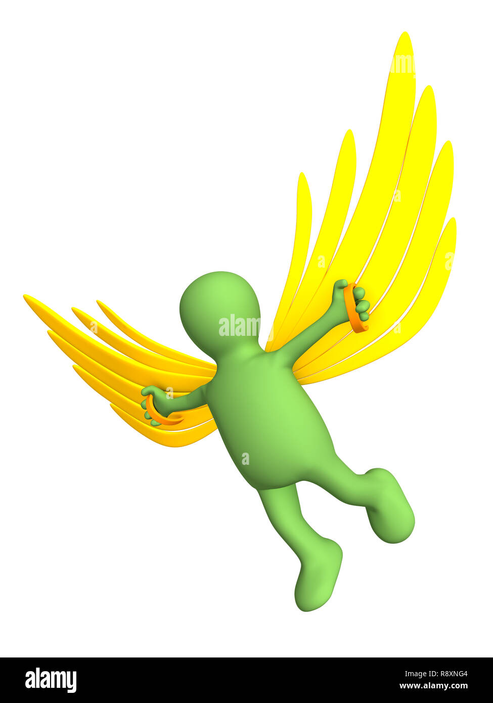 3d person - puppet, flying on artificial wings. Objects over white ...