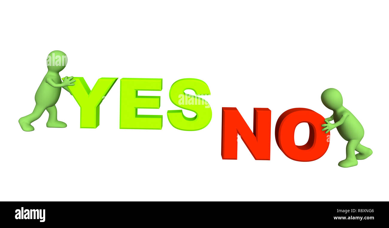 Two 3d persons - puppets with words no and yes. Objects over white ...