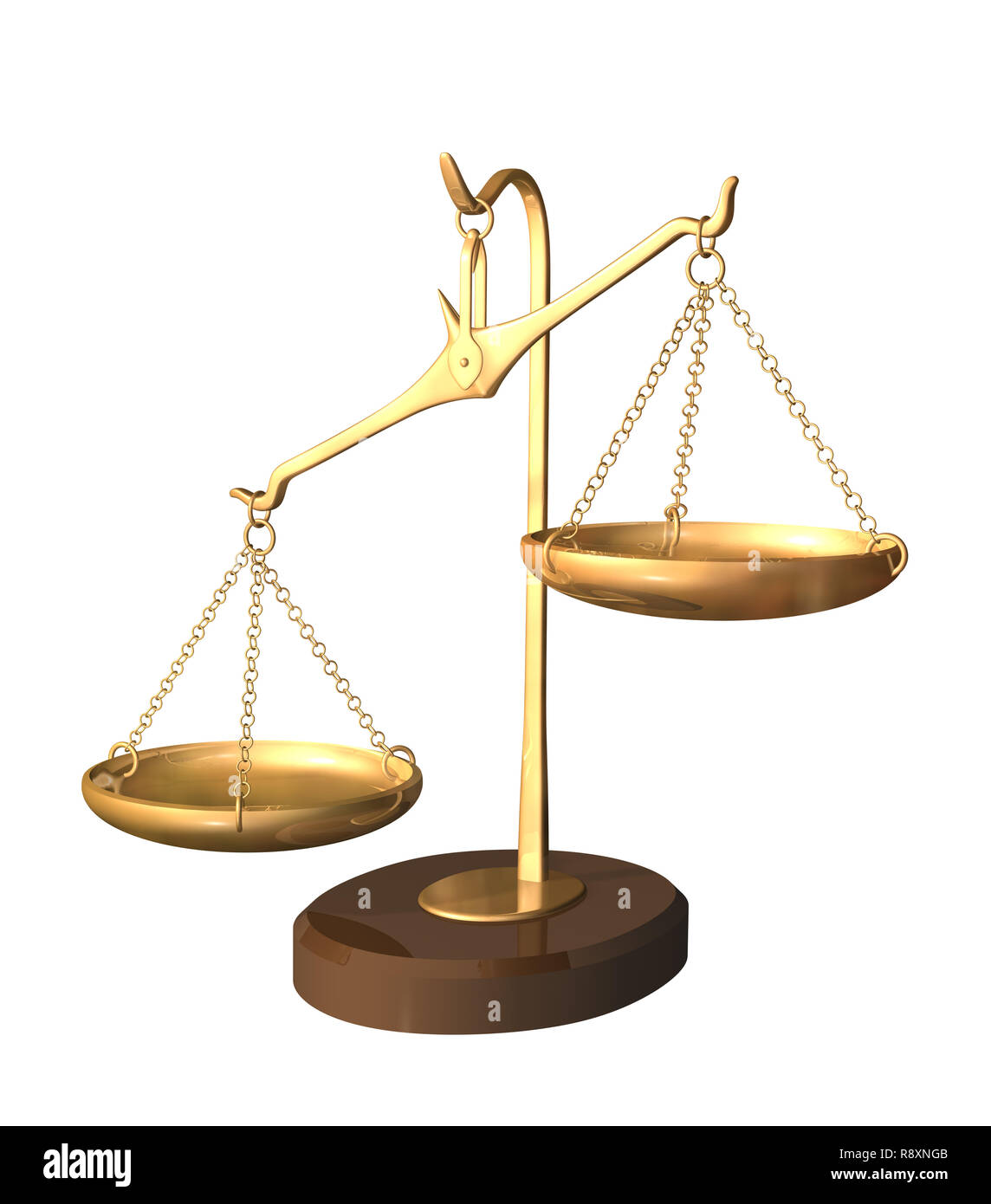 Gold scales with one cup, which has weighed down another. Objects over ...