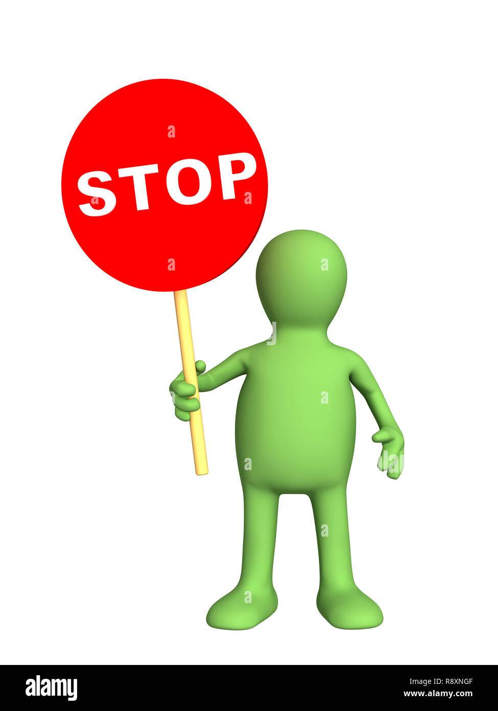 3d person - puppet, holding in a hand sign stop. Objects over white ...