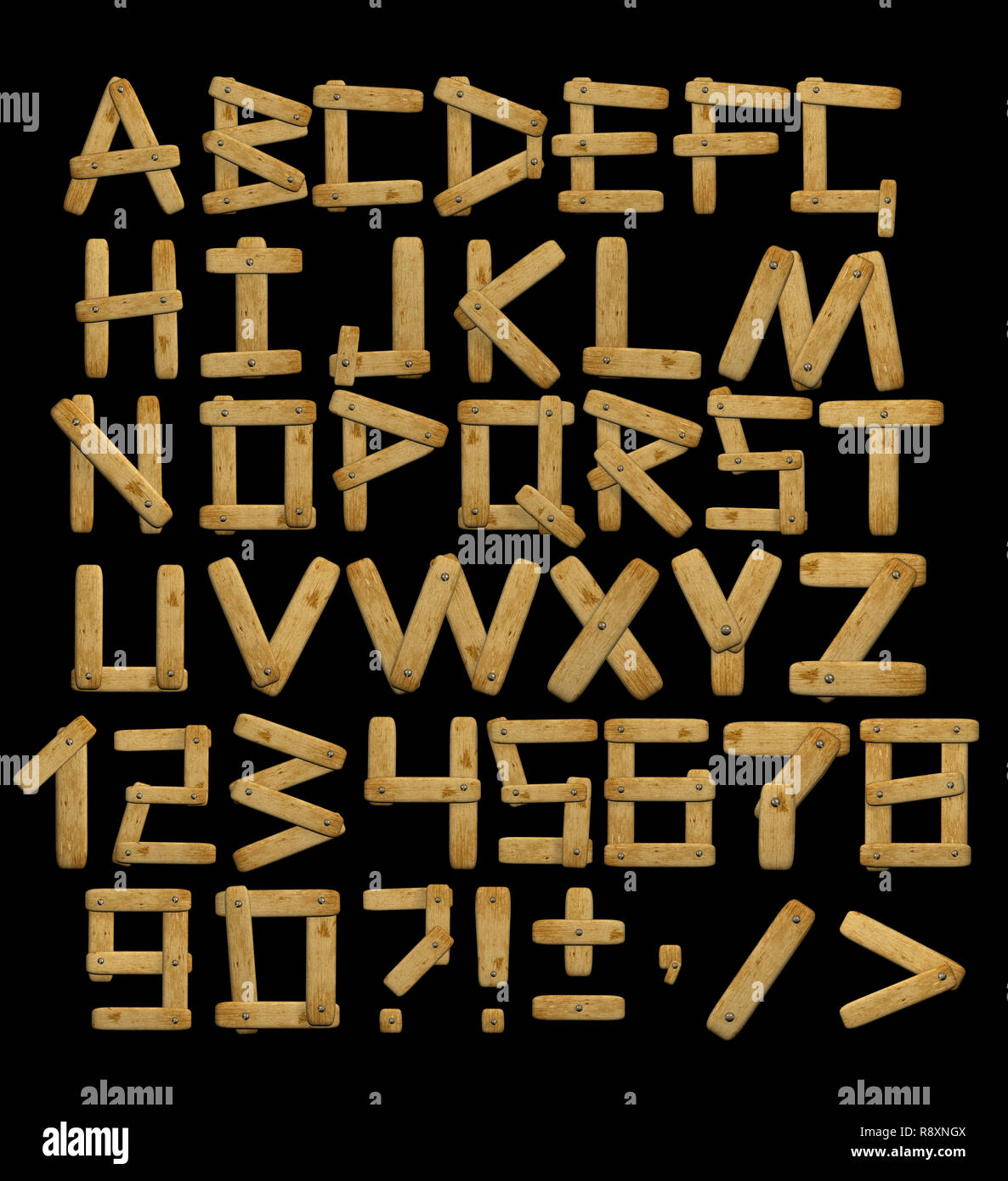 Alphabet - letters from wooden boards with rivets. Objects over black ...