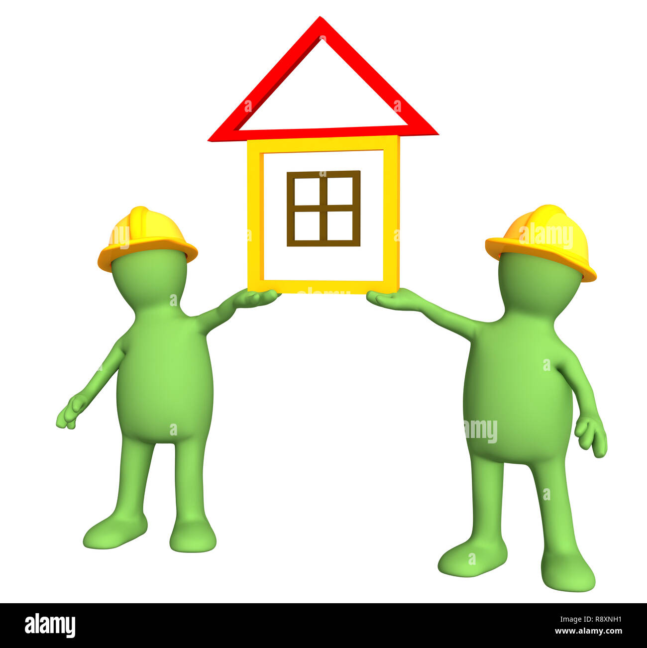 Two builders - puppets, holding in hands the stylized house. Objects ...