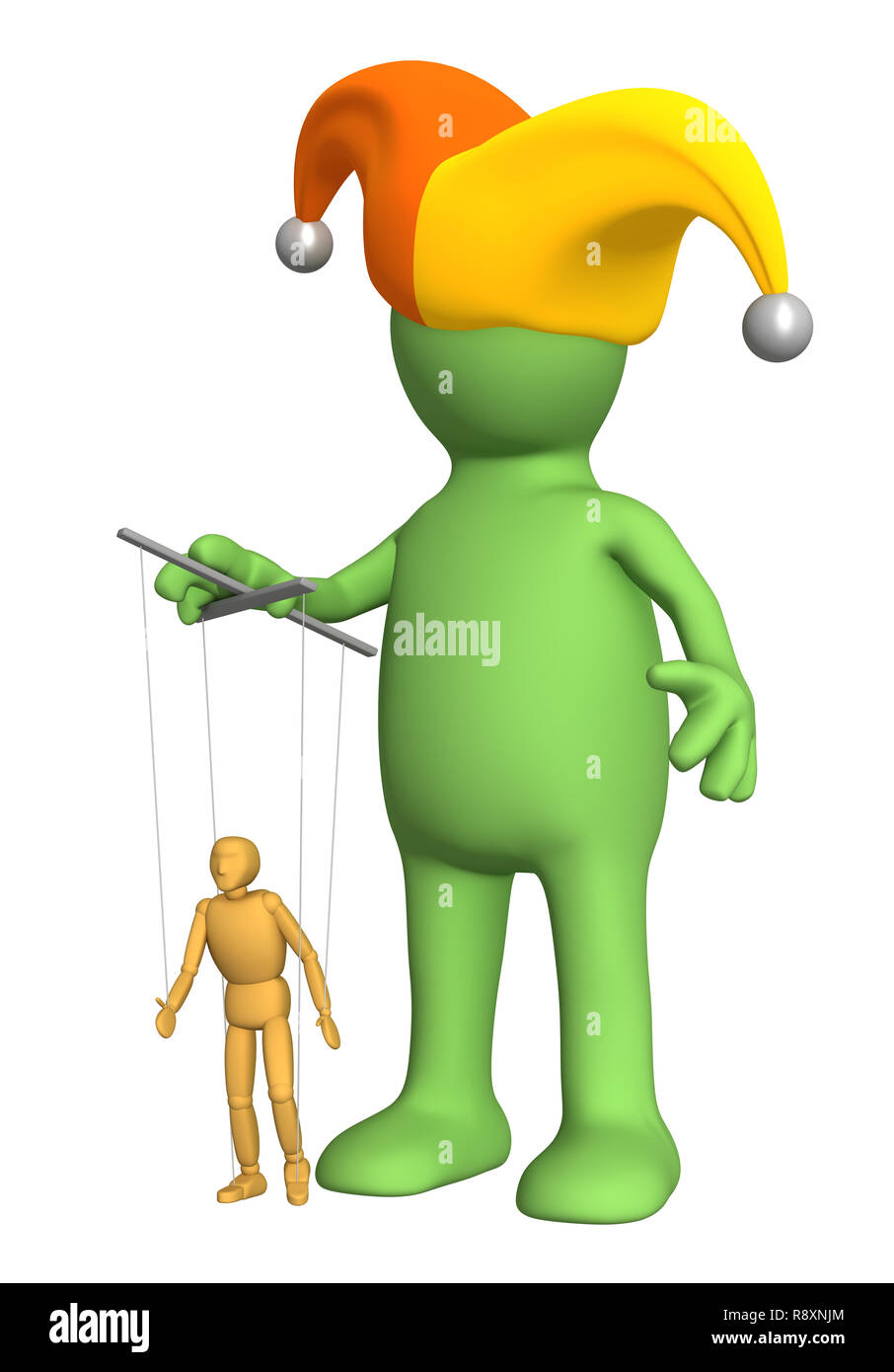 3d puppet-clown, managing a small doll - puppet. Objects over white ...