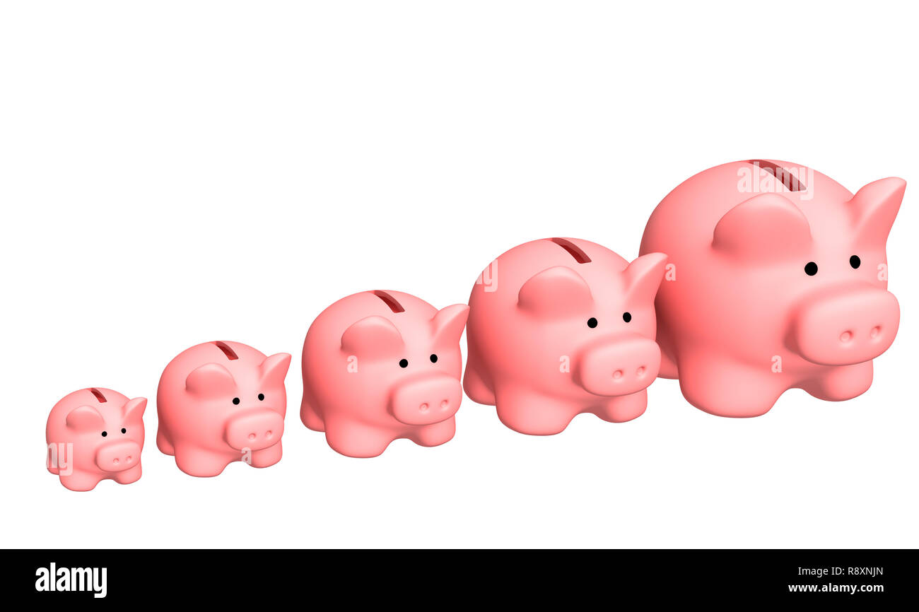 Seven pigs of coin boxes of the different sizes. Objects over white ...