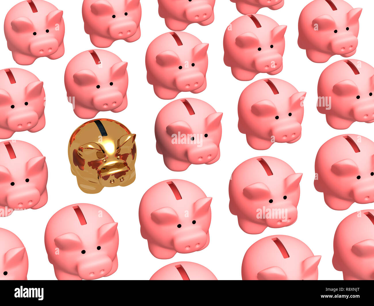Gold pig coin box, worth in a rows of usual coin boxes. Objects over ...