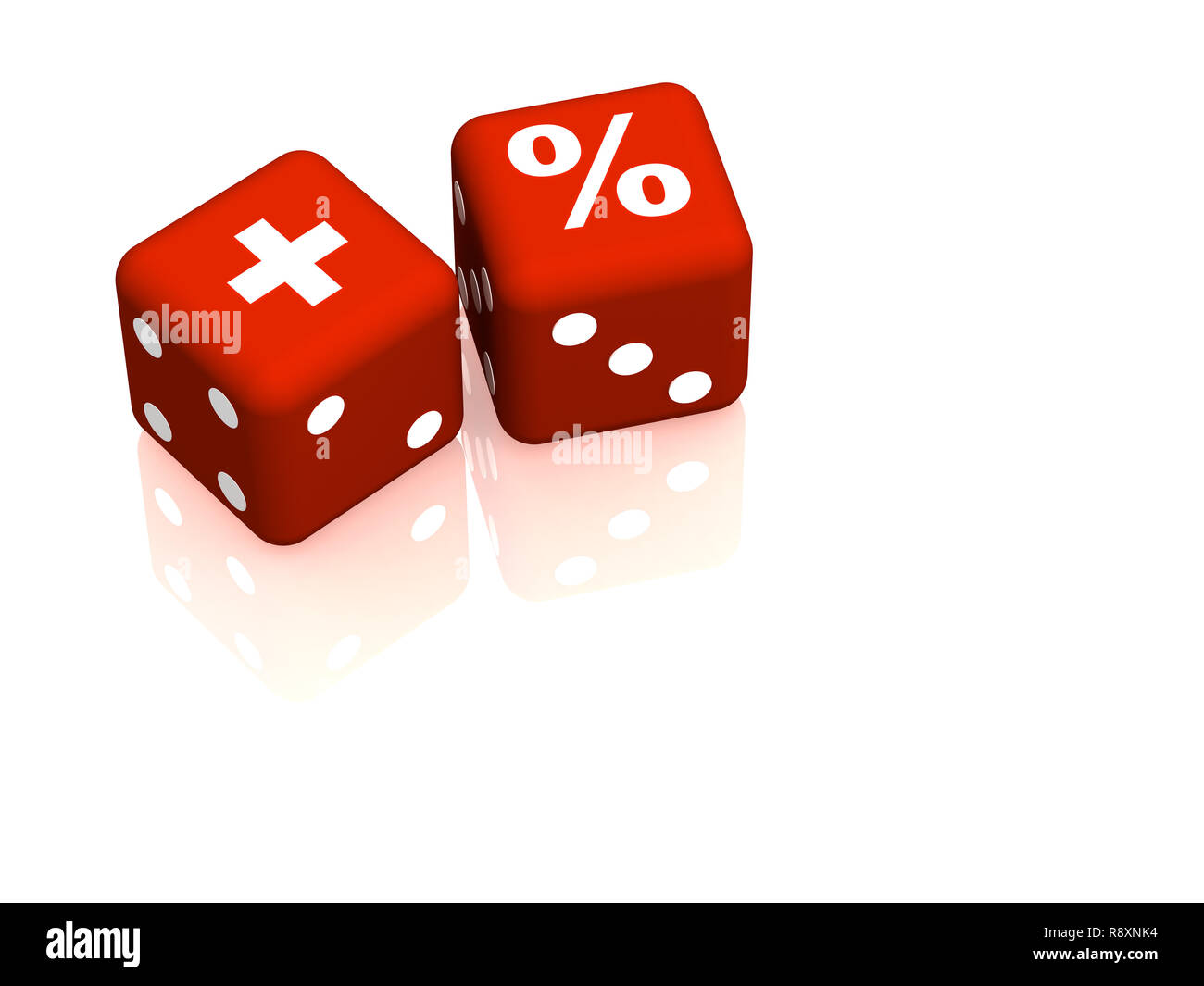 Red playing bones with symbols plus and percent. Objects over white ...