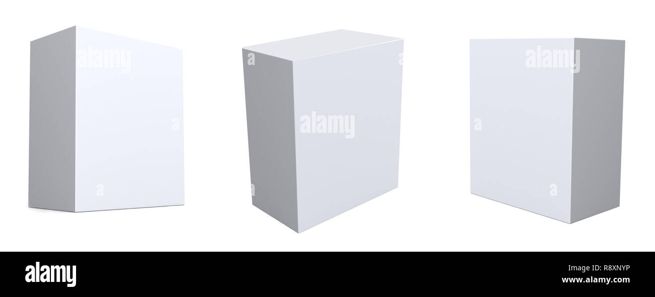 Three blank 3d boxes of blue color. Objects over white Stock Photo - Alamy