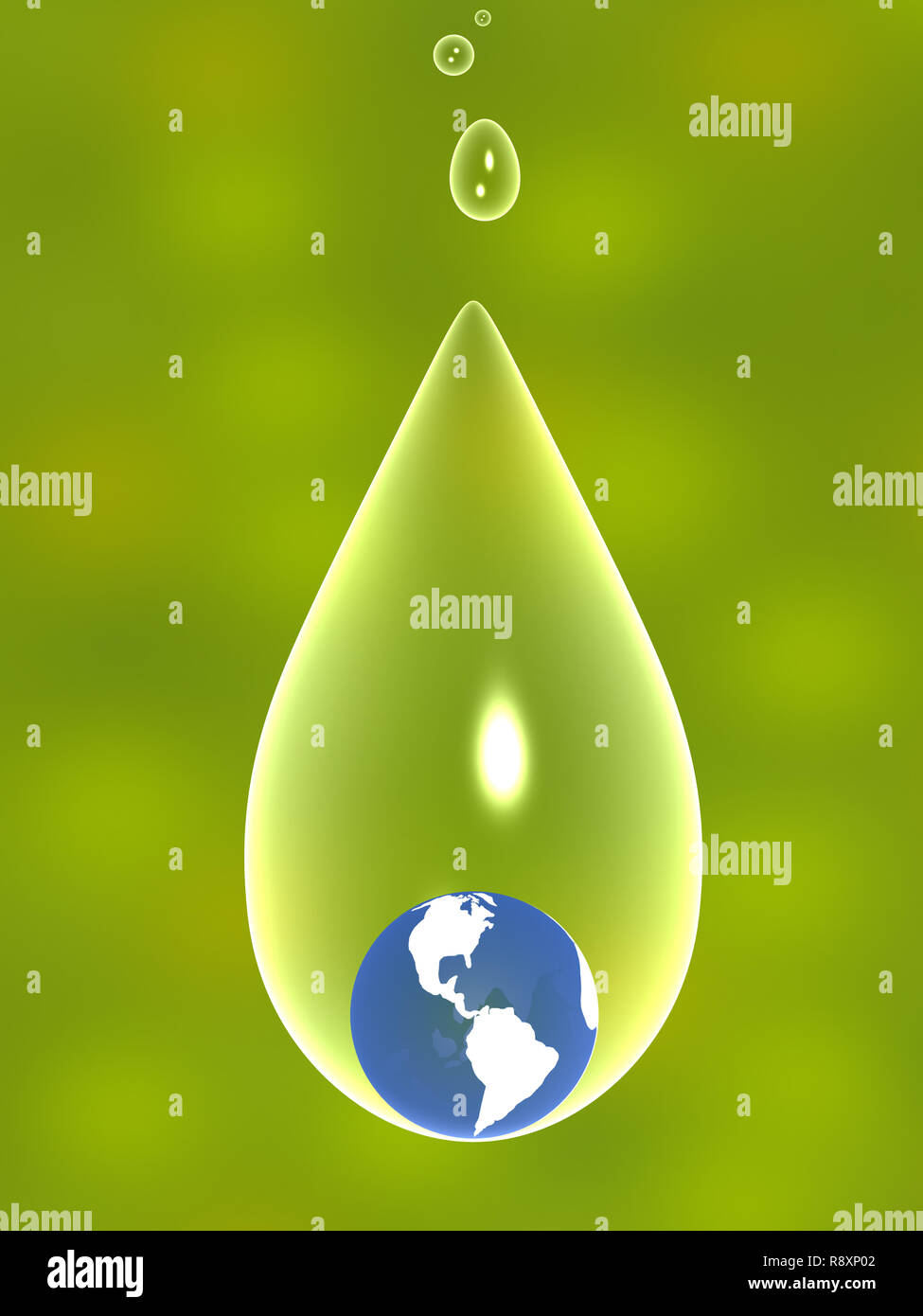3d Earth in a transparent drop of water. Object over green Stock Photo ...