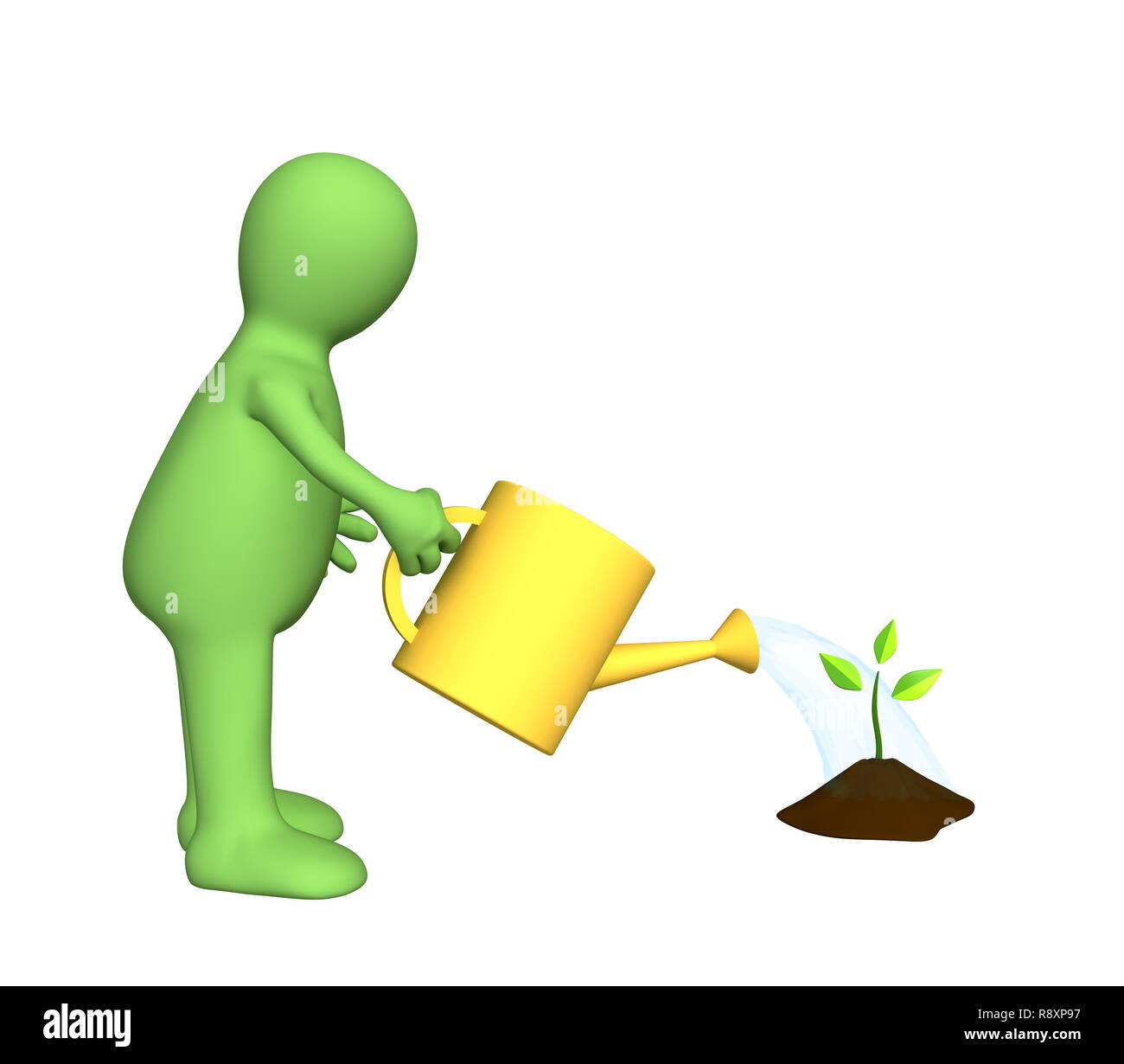 3d puppet watering a small plant. Object over white Stock Photo - Alamy