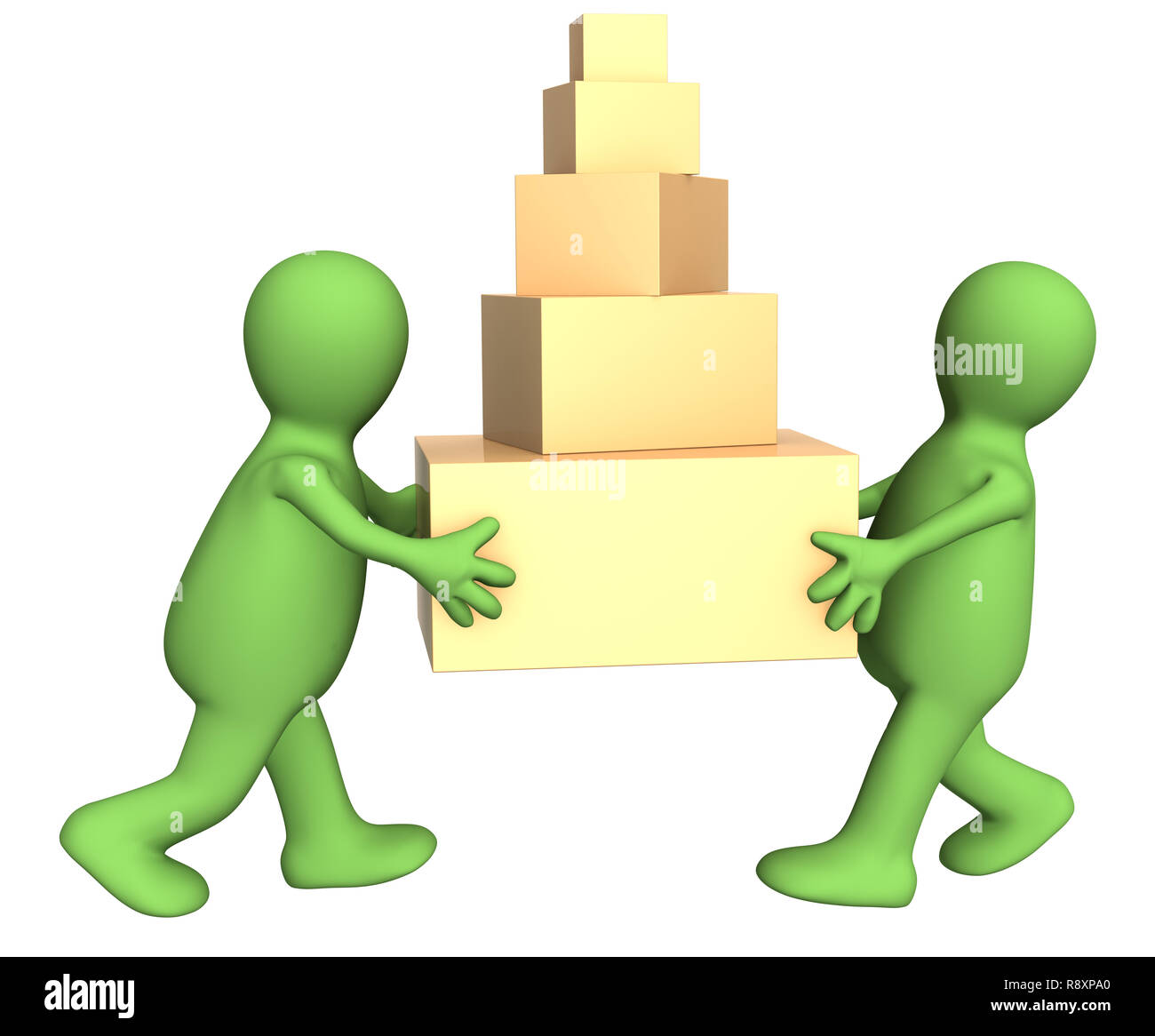 Two 3d puppets carrying five boxes. Object over white Stock Photo - Alamy