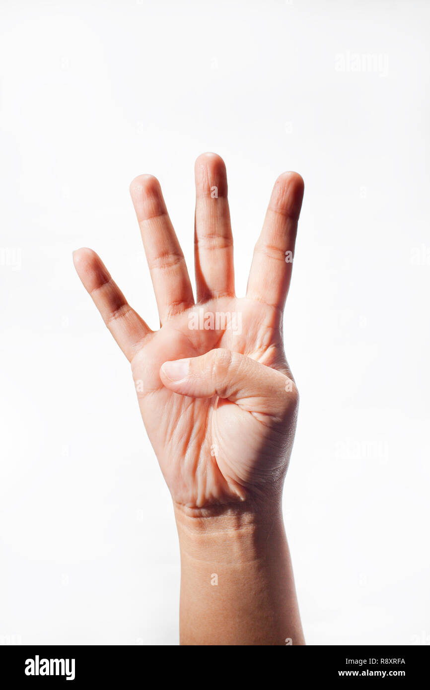 Hand with fingers coding four, isolated on white background. Symbol and ...