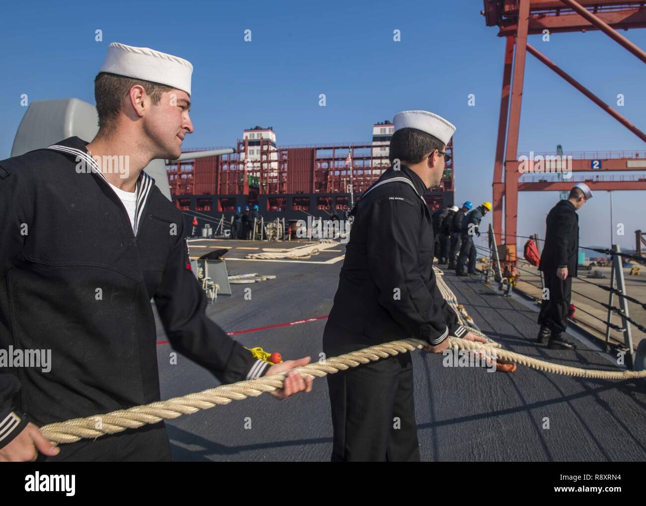 MOKPO, Republic of Korea (March 17, 2017) Sailors heave lines during ...
