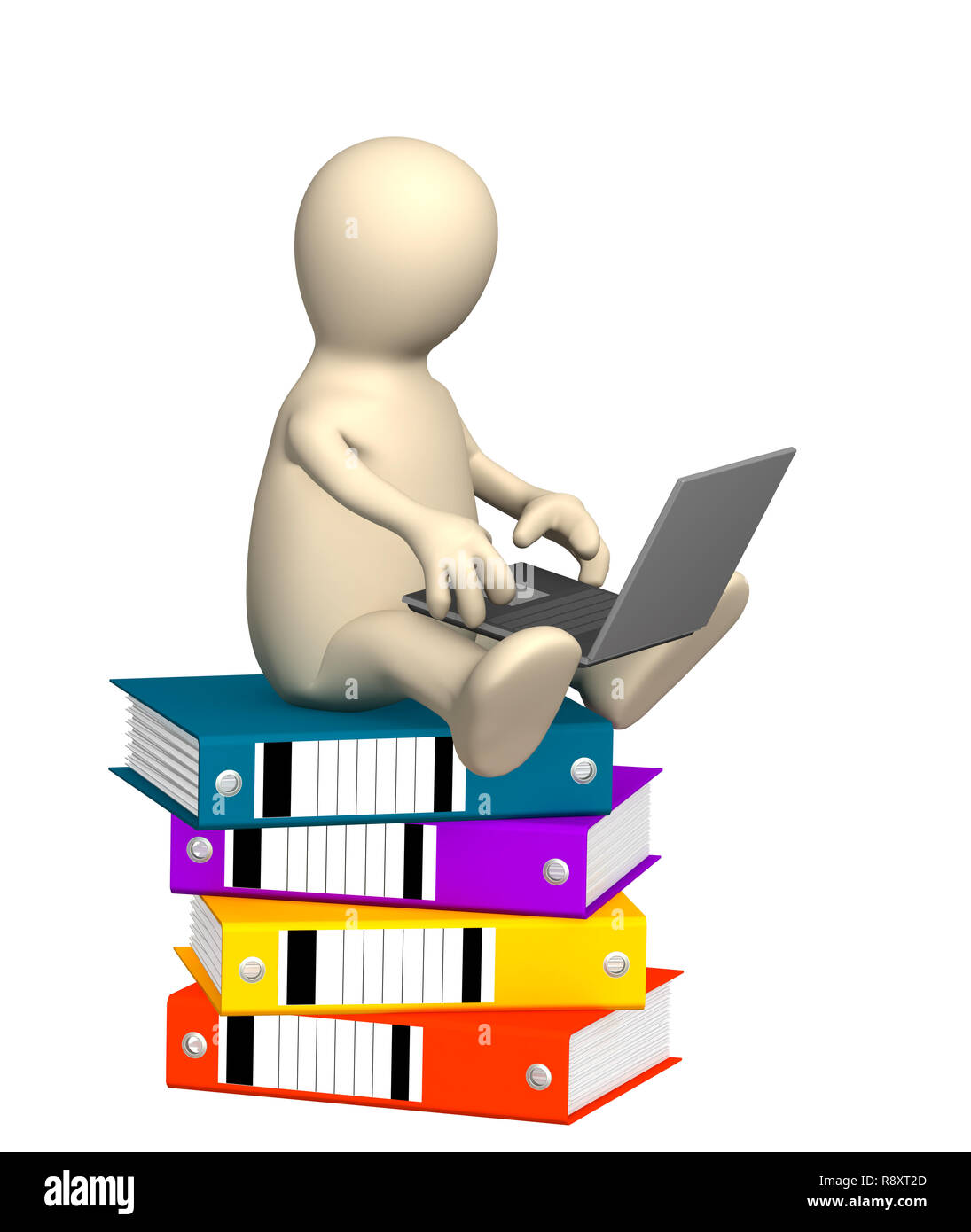 Puppet with a laptop on pile folders Stock Photo - Alamy