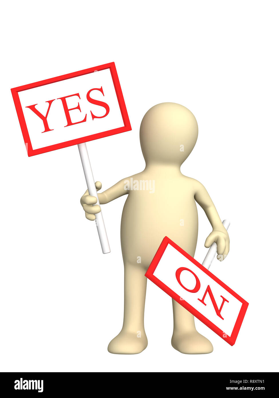 3d puppet, holding in a hand sign yes Stock Photo - Alamy