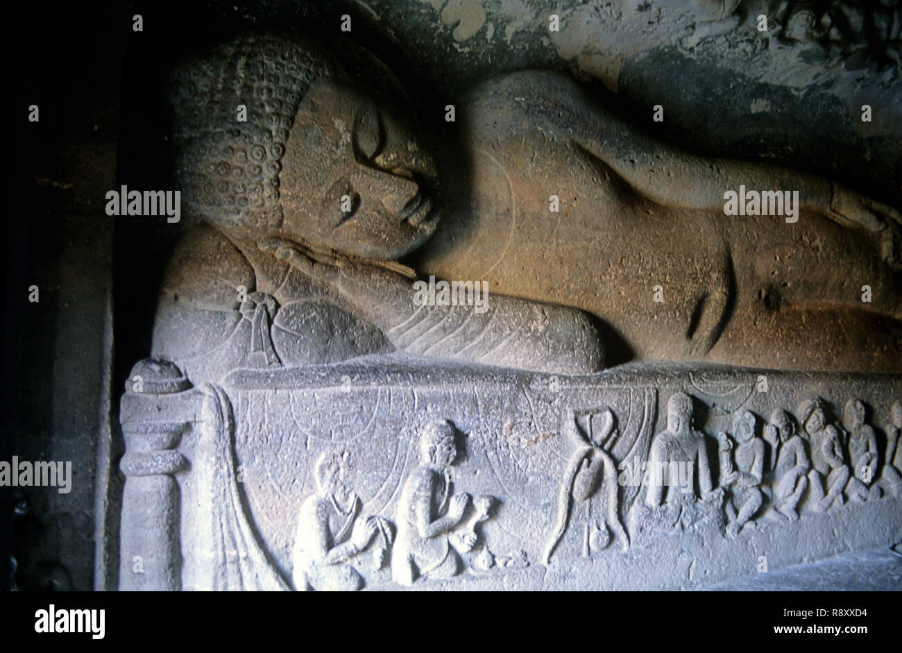 statue of reclining Buddha's Mahanirvana, Ajanta caves no. 26 ...