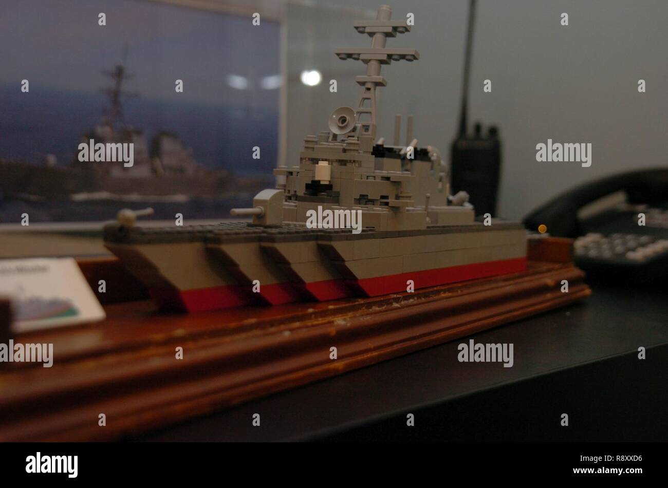A detailed LEGO ship model of the USS Mitscher (DDG 57) is on display ...
