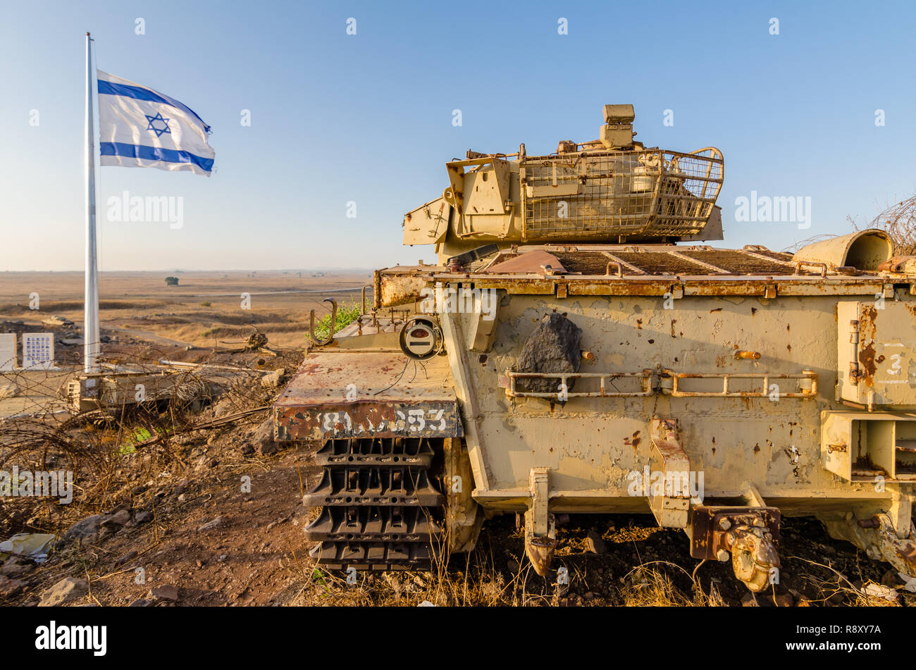 Israeli flag flying beside a decommissioned Israeli Centurion tank used ...