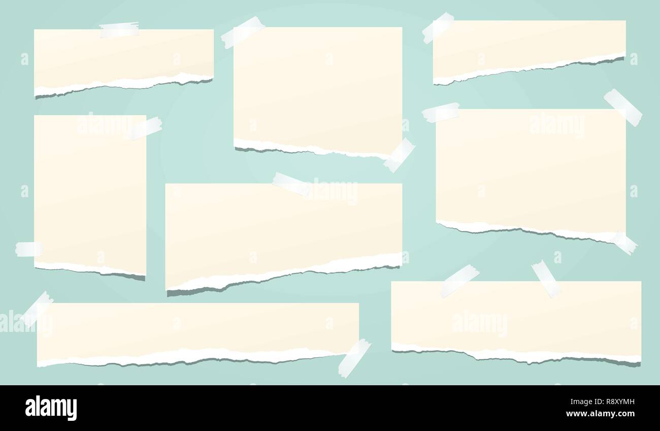 Set of beige ripped notebook paper, torn note paper strips stuck on ...