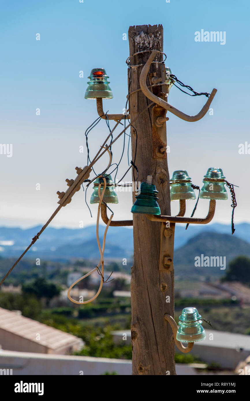 old power lines on a wooden pole, power line column, abandoned pole ...