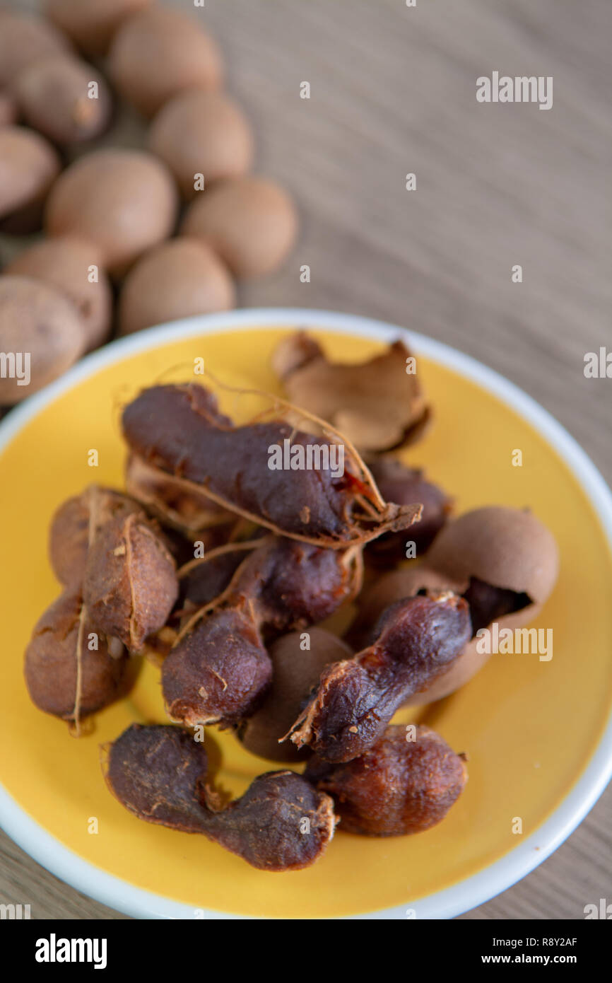 Fruits of tropcal Africal tree tamarind, used in cooking, traditional ...