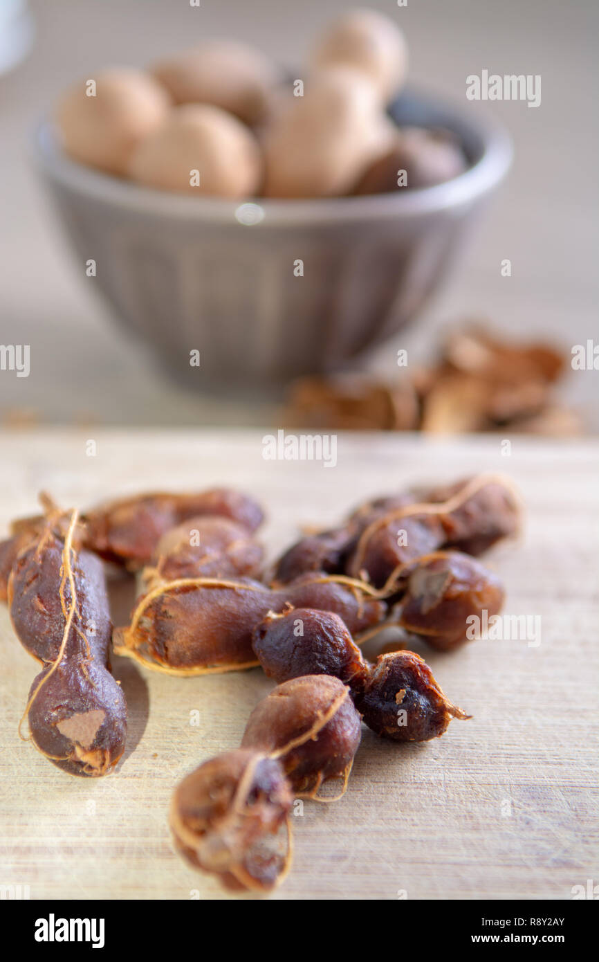 Fruits of tropcal Africal tree tamarind, used in cooking, traditional ...