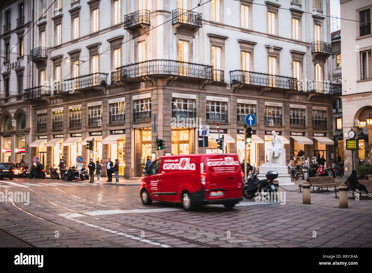 Milan, Italy - November 2, 2017: Pedestrians and car traffic on a ...