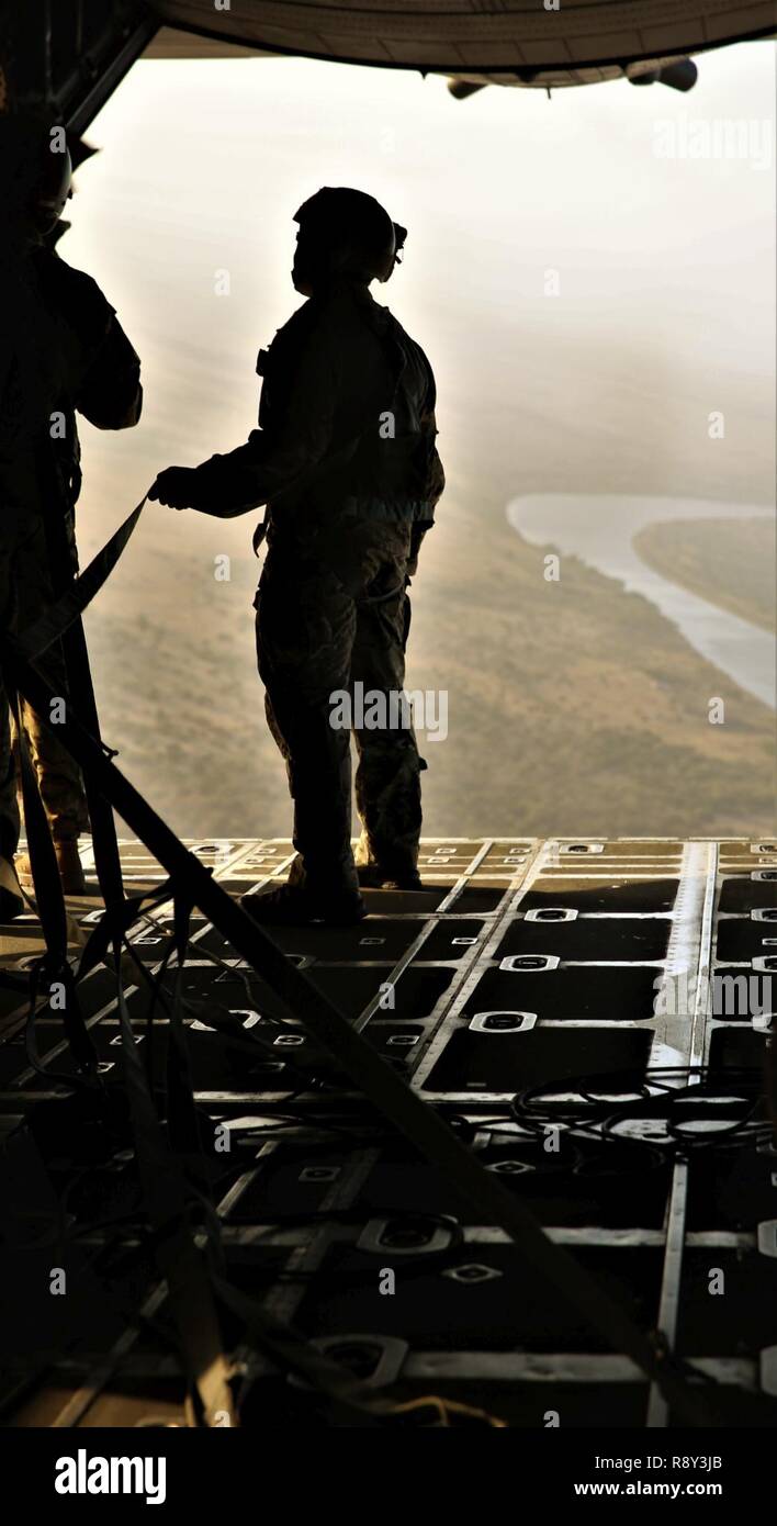 A U.S. Army Special Operations Soldiers stands on the ramp of a ...