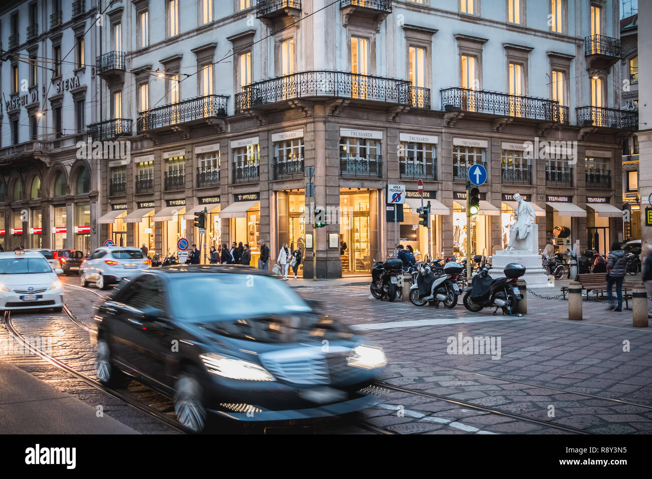 Milan, Italy - November 2, 2017: Pedestrians and car traffic on a ...