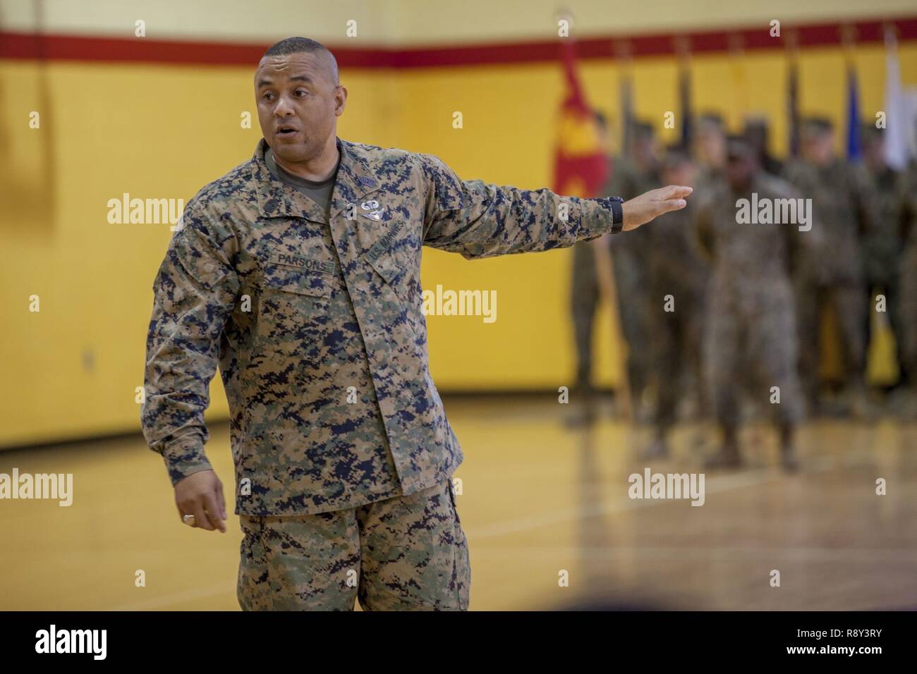 U.S. Marine Corps Sgt. Maj. Edward D. Parsons gives remarks during a ...
