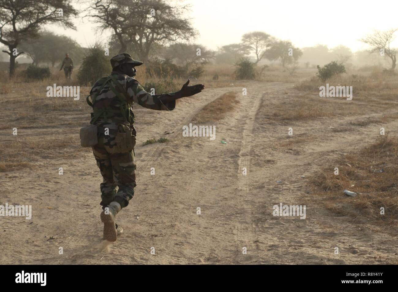 A Niger Army patrol leader signals to his soldiers during small unit ...