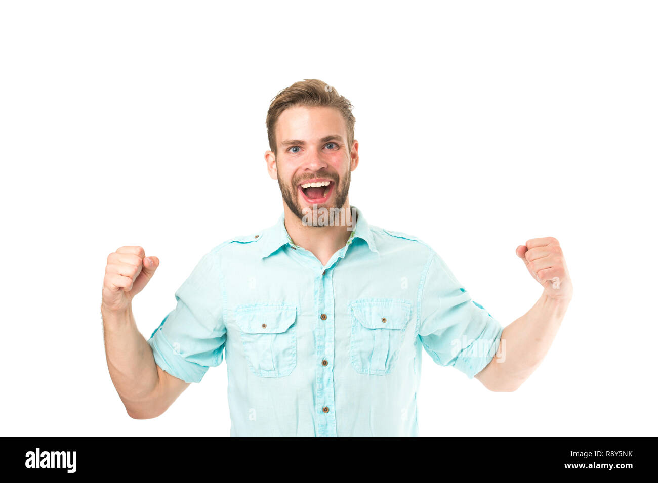 Achieve success. Man handsome bearded guy smiling on white background ...
